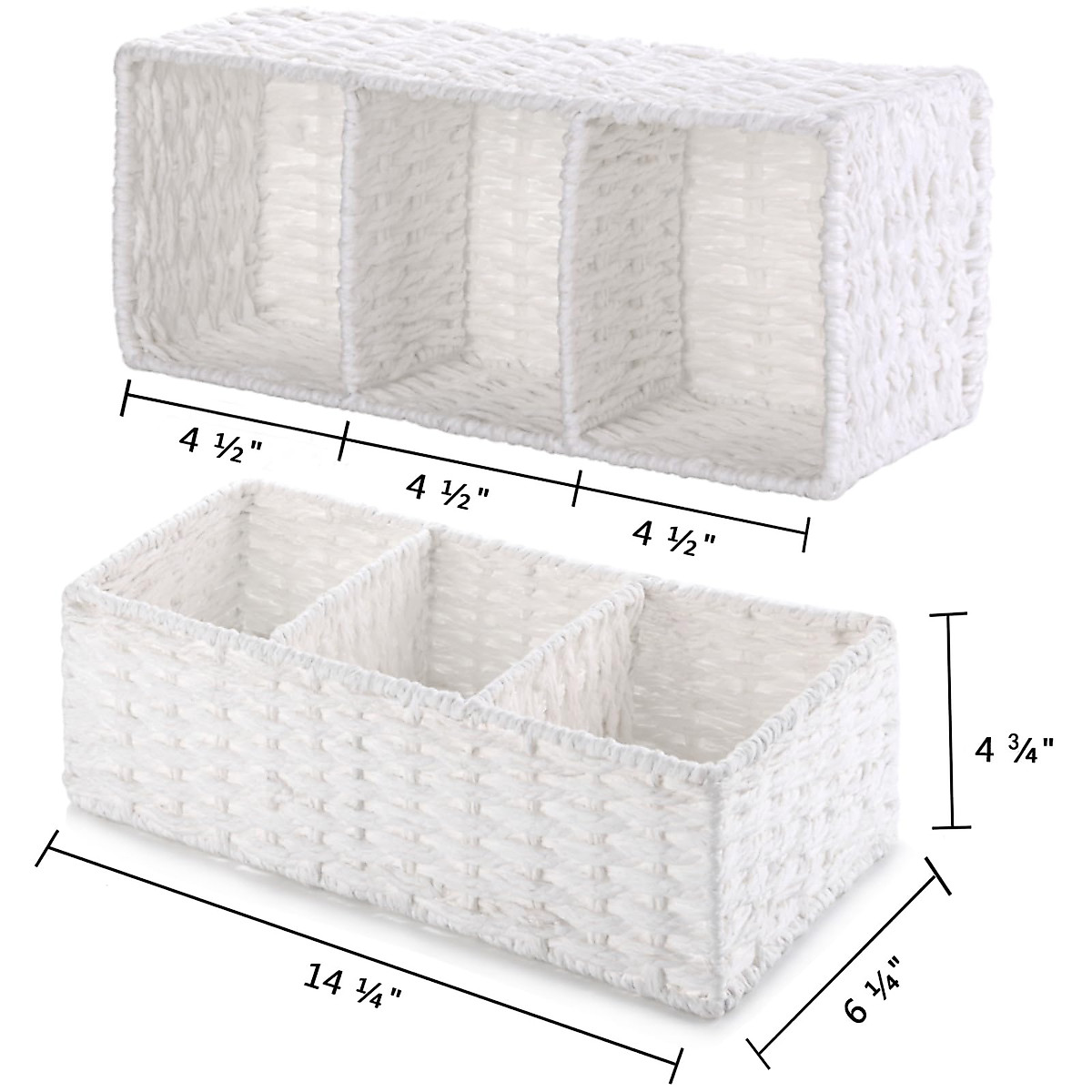 Vagusicc 3-Section Wicker Baskets for Shelves, Hand-Woven Paper Rope Wicker Storage Basket, Toilet Paper Basket for Toilet Tank Top, Baskets for Organizing, 2-Pack, White
