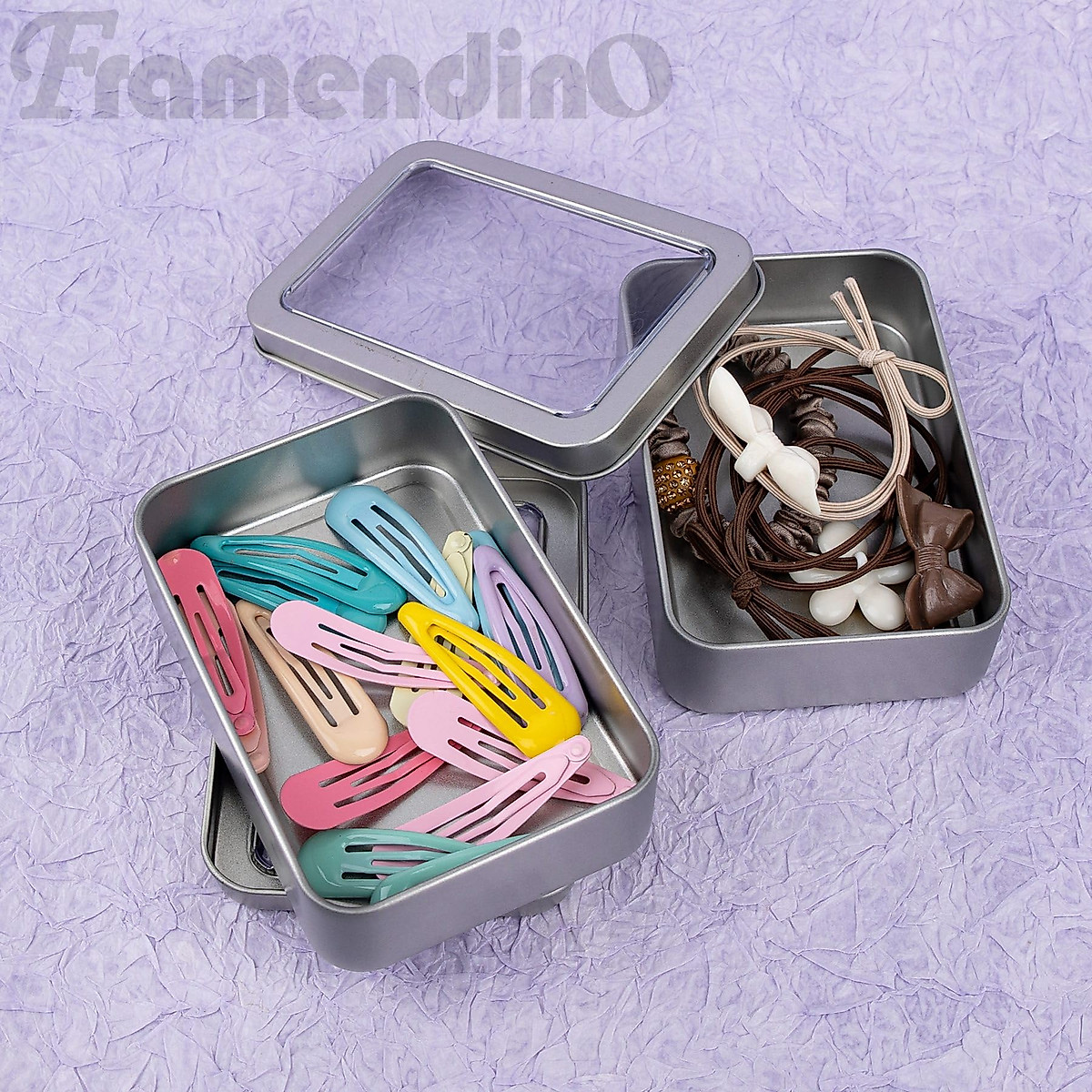 Framendino, 12 Pack Metal Rectangular Storage Organizer Tins with Clear Window Hinged Lids Silver
