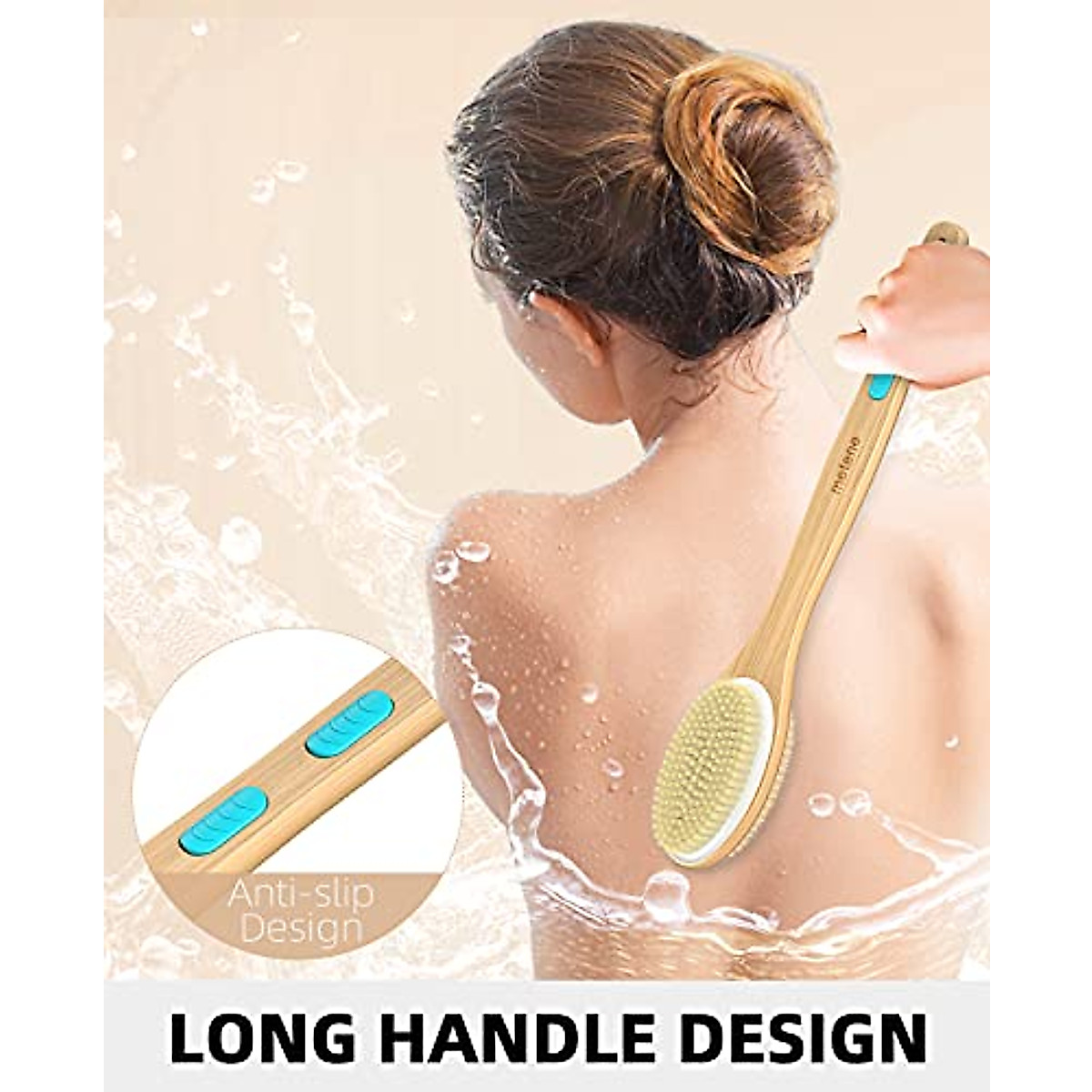 Metene Shower Brush with Soft and Stiff Bristles, Bath Dual-Sided Long Handle Back Scrubber Body Exfoliator for Wet or Dry Brushing