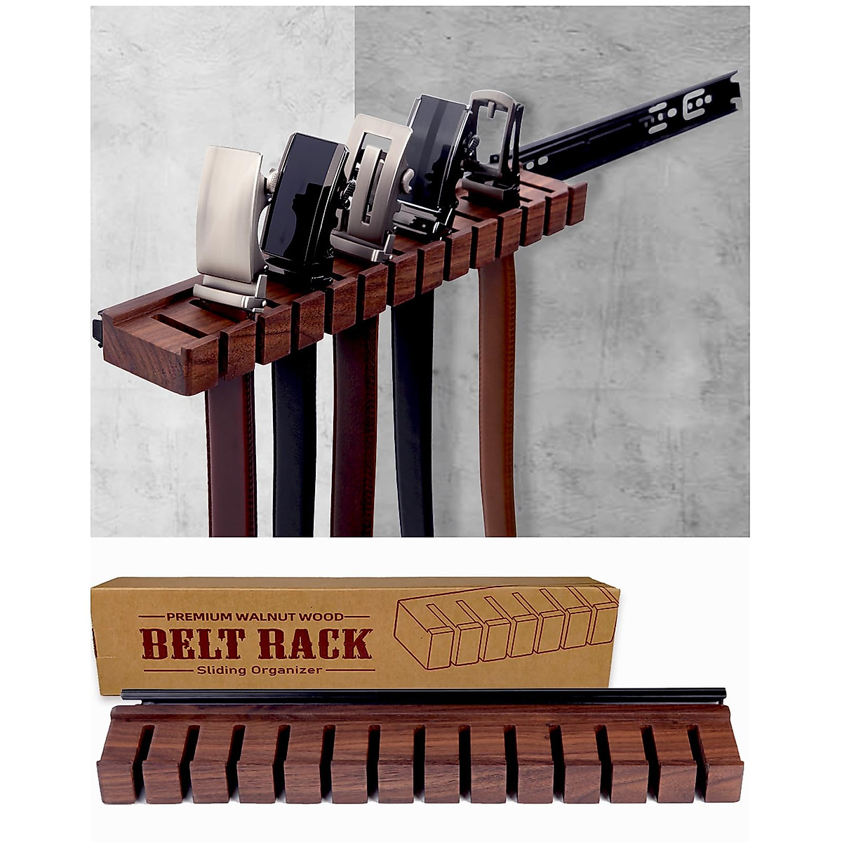 Black Walnut Wood Belt Rack with Slide, Belt Hanger for Closet, Belt and Tie Storage Organizer, Space Saving Wooden Belt Holder, Gift Idea for Husband and Father’s Day