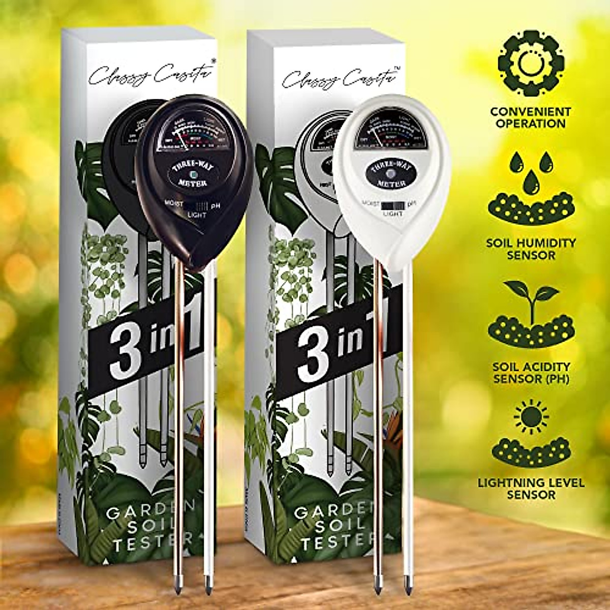 Classy Casita 3-in-1 Garden Soil Tester- Three Way Plant Soil Test Kit to Measure Soil Moisture, pH-Value, and Sunlight, Indoor and Outdoor Measuring Tool for House, Garden, Lawn,& Farm, Black.