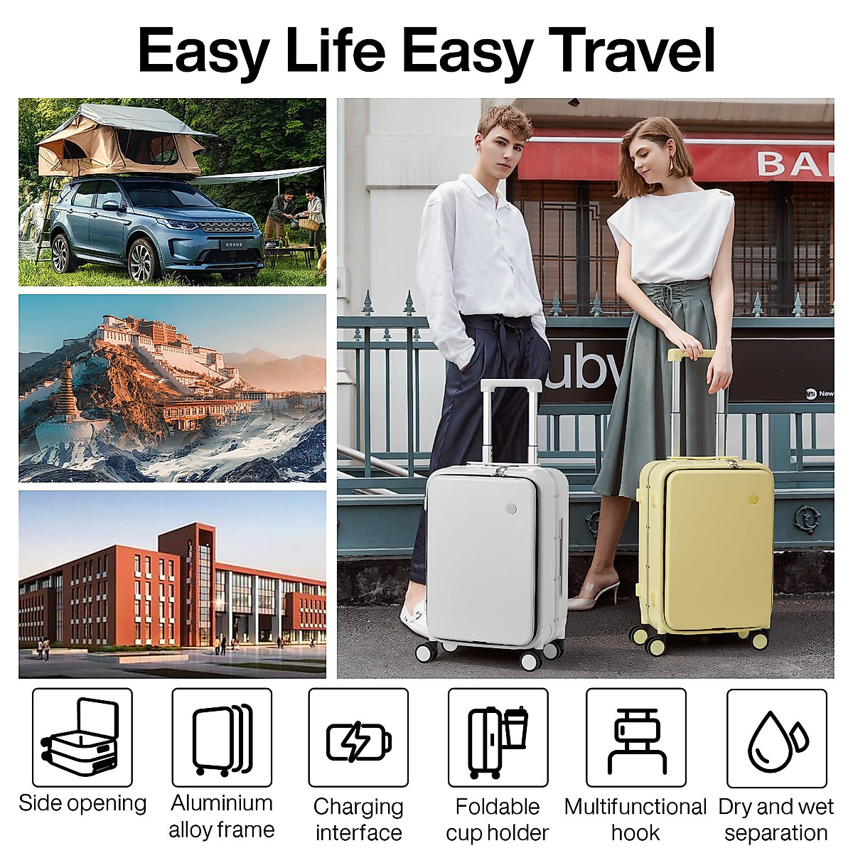 mixi Carry On Luggage with Cup Phone Holder and Charger Hard Shell Suitcases with Spinner Wheels, 20 Inch Smoke White