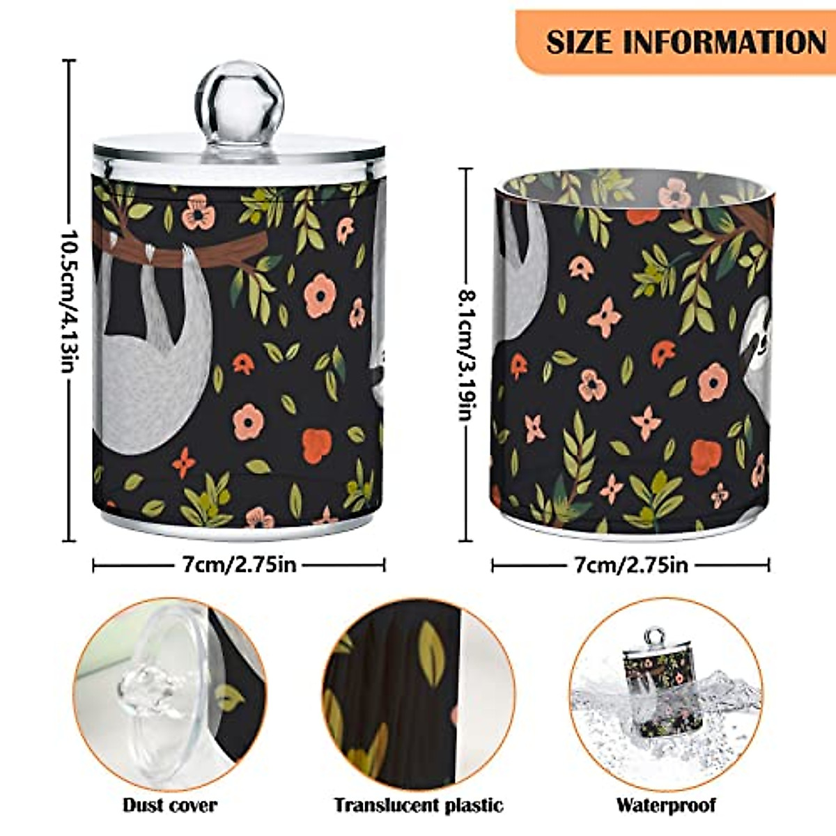 xigua 2 Pack Sloth Qtip Holder Dispenser with Lids 14 oz Bathroom Storage Organizer Set,Clear Apothecary Jars Food Storage Containers for Tea,Coffee,Cotton Ball,Cotton Swab,Floss