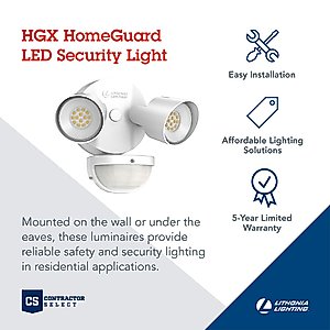 Lithonia Lighting HGX LED 2RH 40K 120 MO WH M2 HomeGuard Security Flood Lights, 4000 Lumens, 2-Light, Photocell Sensor and Motion Detection, White