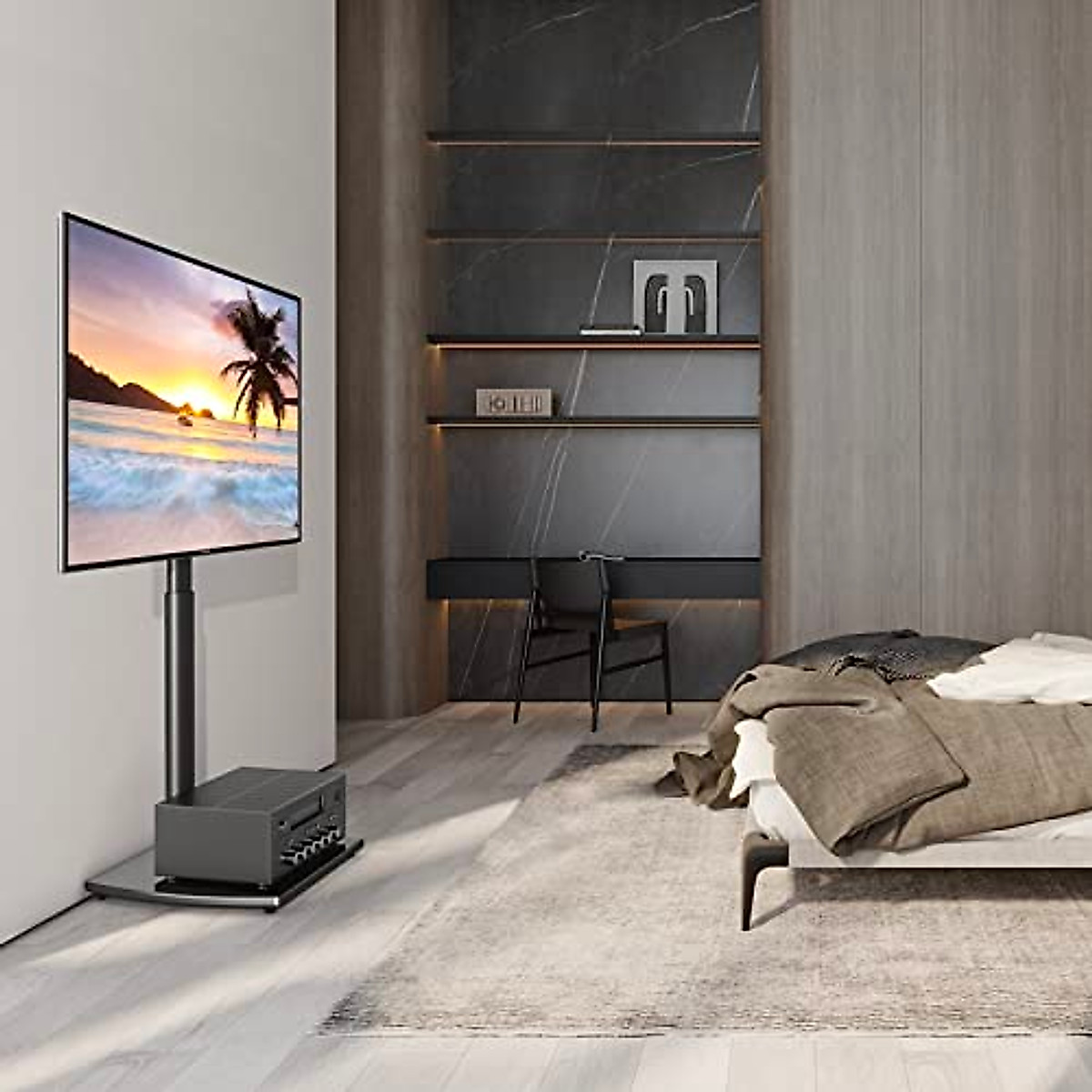 Universal Floor TV Stand with Mount Swivel and Height Adjustable for Most 26 to 65 Inch LCD LED OLED Flat Panel and Curved Screen TVs, Tall TV Stand Space Saving for Corner and Bedroom, Black