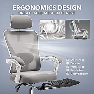 ACCHAR Ergonomic Office Chair, Reclining Mesh Chair, Computer Desk Chair, Swivel Rolling Home Task Chair with Padded Armrests, Adjustable Lumbar Support and Headrest (Grey with Footrest)