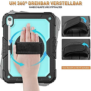 KEYCAUP Case for iPad 10th Generation 10.9 inch, Case for iPad 10 Gen: with Strong Protection, Screen Protector, Hand Strap, Shoulder Strap, 360° Rotating Stand, Pencil Holder - Light Blue