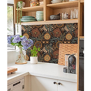 HAOKHOME Wallpaper Peel and Stick Floral Boho Brown/PeachPuff/Green Retro Wall Decor Bathroom Removable Mural 17.7in x 6.6ft