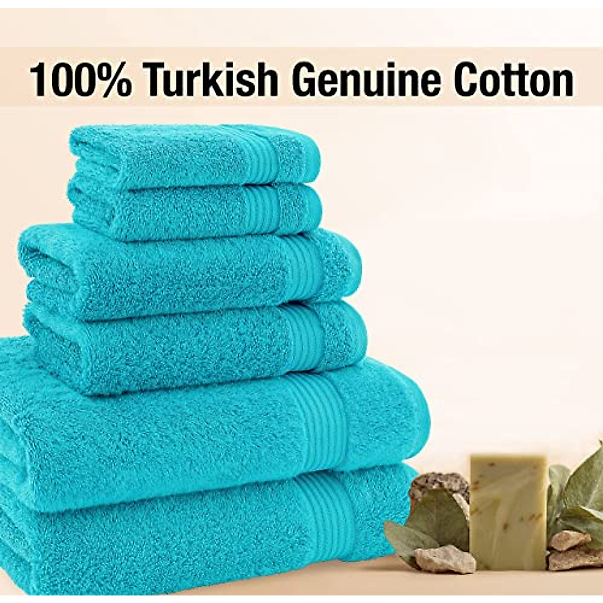 2 Washcloths, 2 Hand Towels, 2 Bath Towels, Soft & Absorbent 600 GSM Premium Hotel & Spa Quality 6 Piece Genuine Turkish Cotton Bathroom Towel Set, Aqua Blue (6 Piece Turkish Towel Set, Aqua Blue)