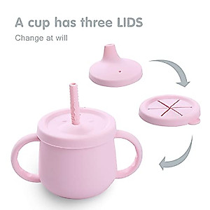 teanpoon 3-in-1 Silicone Baby Cup with Straw & Snack Cup Lid, Spill-Proof Sippy Cup for Toddlers 12M+, 8.5oz Capacity(pink)