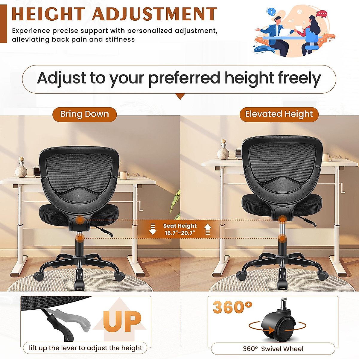 Razzor Office Chair, Comfy Desk Chair for Bedroom, Swivel Computer Desk Chair with Rolling Wheels, Armless Office Chair with Mesh Back Support, Adjustable Height Computer Chair for Home, Black