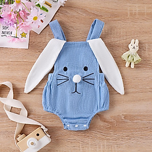 Gueuusu My First Easter Baby Boy Girl Outfit Bunny Costume Rabbit Ear Sleeveless Romper Overalls Infant Rabbit Cosplay Outfit (Blue, 0-3 Months)