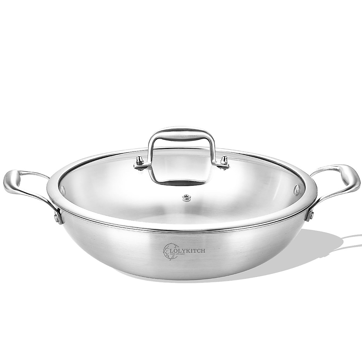 LOLYKITCH 12 Inch Tri-Ply Stainless Steel Wok Pan with Lid,5 QT Deep Stir-Fry Pan,Jumbo Cooker,Induction Cooking Pan,Heavy Duty,Dishwasher and Oven Safe.