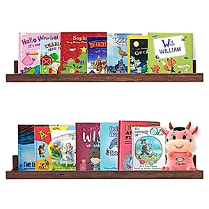 AZSKY Floating Book Shelves Wall Mounted Deep Walnut Display Shelves for Home Living Room Bedroom Bathroom Office Set of 2