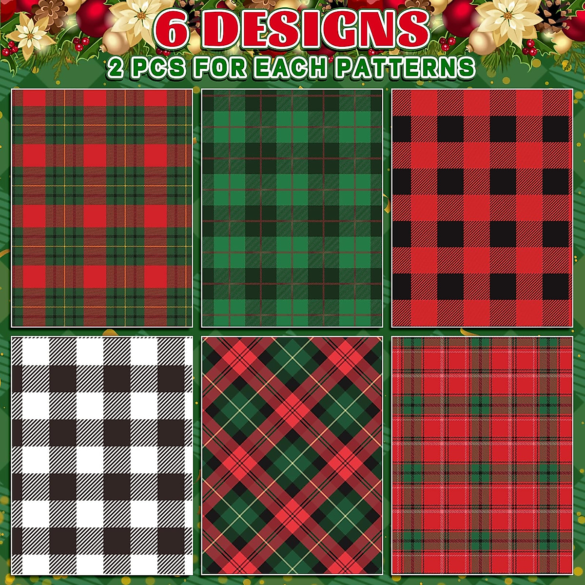 Whaline 12 Sheet Christmas Wrapping Paper Red Black Green Buffalo Plaid Gift Wrap Paper Bulk Folded Flat Classic DIY Craft Paper for Birthday Wedding Party Gift Decor, 19.7 x 27.6 In