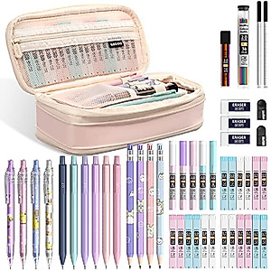 Nicpro 47PCS Aesthetic School Supplies in Big Capacity Pen Case, Cute Pastel Mechanical Pencils 0.5, 0.7, 0.9 & 2mm Lead Holder with 25 Tube Lead Refills 4B 2B HB 2H Color, Erasers for Student Writing