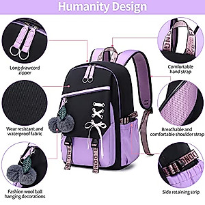 FENGDONG Teenage Girls Bookbag School Backpack Children Casual Daypack Schoolbag for Teens Black Purple