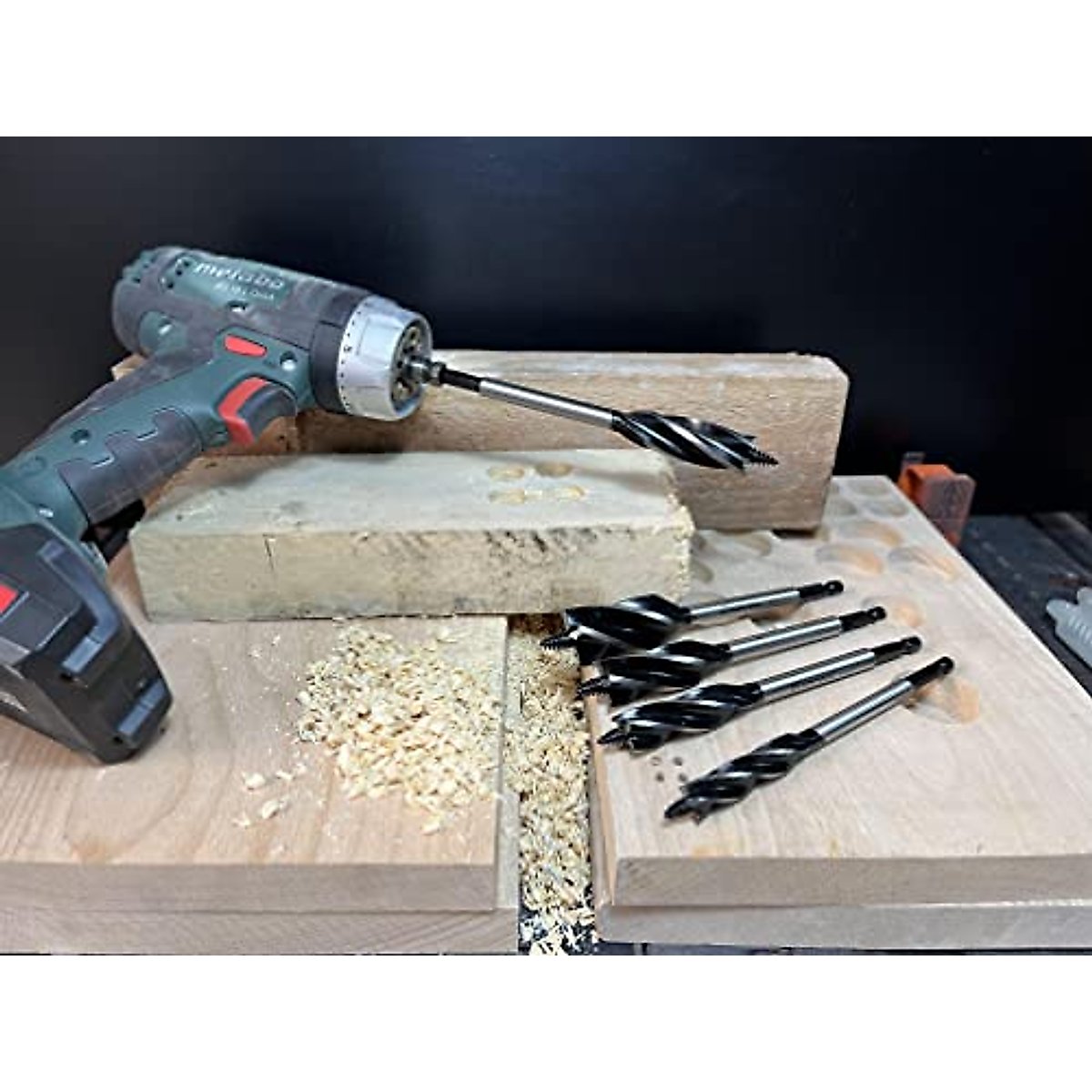 CORTOOL Auger Drill Bit for Wood,1/2", 5/8", 3/4" and 1" Inch Size with Quick Change Hex Shank 5-Piece Drill Bit Set for Wood