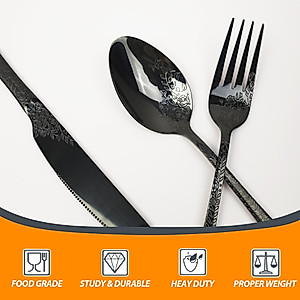 Runfly Vintage Carved LASER-ETCHED Floral Black Silverware Set for 4, Stainless Steel 20-Piece Flatware Set with KnifeForkSpoon, Cutlery Set for Home