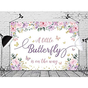 SVBright Butterfly Floral Baby Shower Backdrop 7Wx5H A Little Butterfly is on The Way Pink Purple Flowers Girls Princess Gold Dots Party Decorations Photography Background Banner Photo Booth Studio