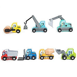 umu Construction Toy Cars 7 PCS Wooden Kids Mini Vehicles for Toddlers, Compatible to Thomas Train Toys Railway and Major Brands, Best for 3 to 5 Year Old Boys and Girls