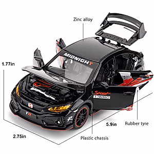 WAKAKAC 1/32 Toy Car for Honda Civic Type-R Diecast Toy Vehicle Metal Pull Back Model Car with Light and Sound for Kids Adults Gift(Black)