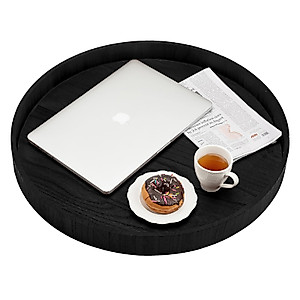 16 Inches Extra Large Solid Wooden Serving Tray Round Tea Coffee Table Tray Snack Food Meals Serving Plate Kitchen Party Bar Server Breakfast Tray with Raised Edges Ottoman Tray Nature Wood