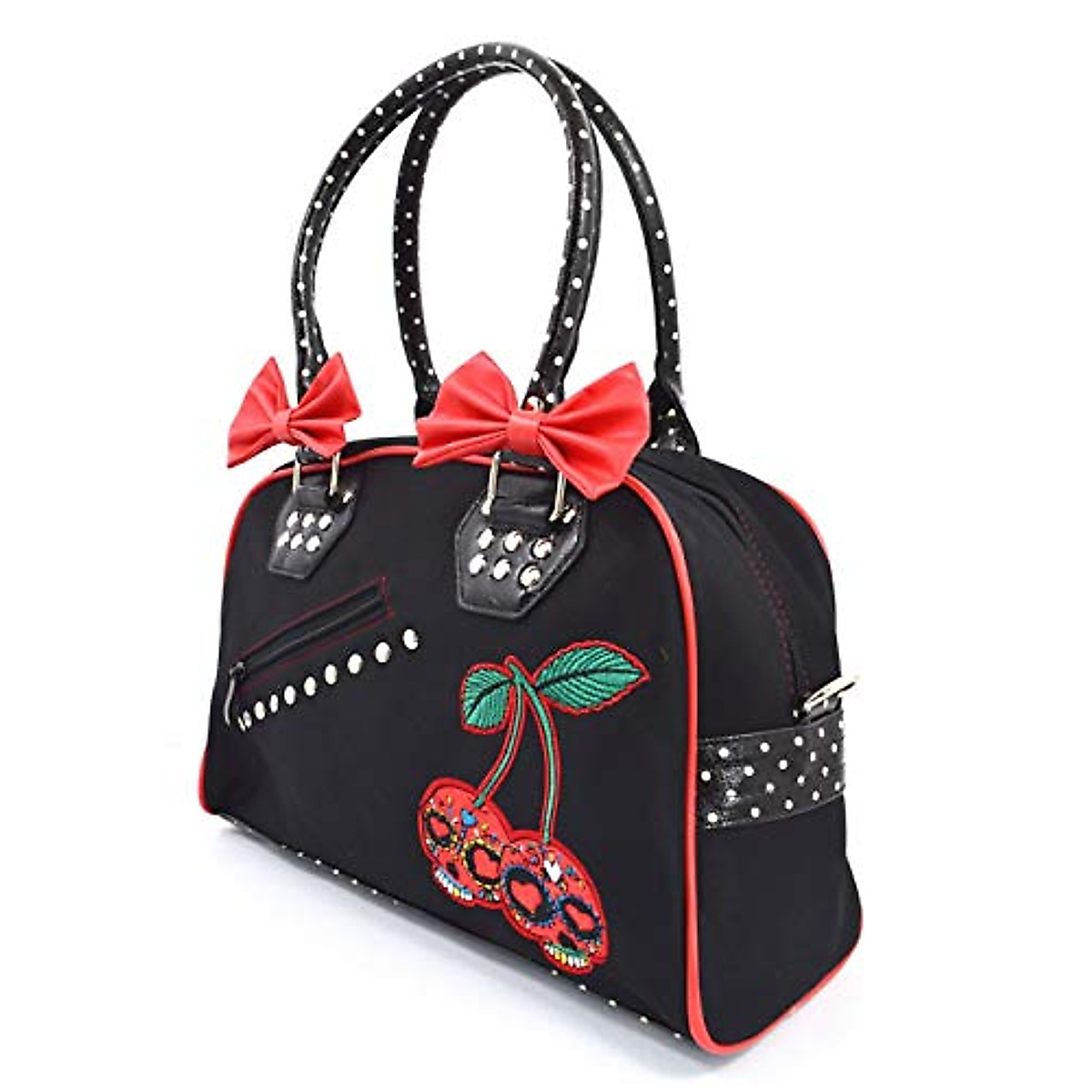 Lost Queen Cherry Bomb Skull Cherries Polka Dot Bow Handbag Rockabilly Black Red