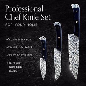 Breliser 3-Piece Full Diamond-Hammered Damascus Knife Set, Wenge Handle - Chef, Santoku, Paring - Leather Knife Roll - Knife Care Kit