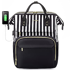 LOVEVOOK Laptop Backpack Women Teacher Backpack Nurse Bags, 15.6 Inch Womens Work Backpack Purse Waterproof Anti-theft Travel Back Pack with USB Charging Port (Black-Thick Stripe)