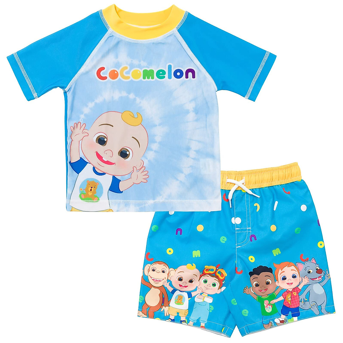 CoComelon Nico Tomtom Mochi JJ Wally Cody Infant Baby Boys Rash Guard and Swim Trunks Outfit Set Tie Dye Blue 18 Months