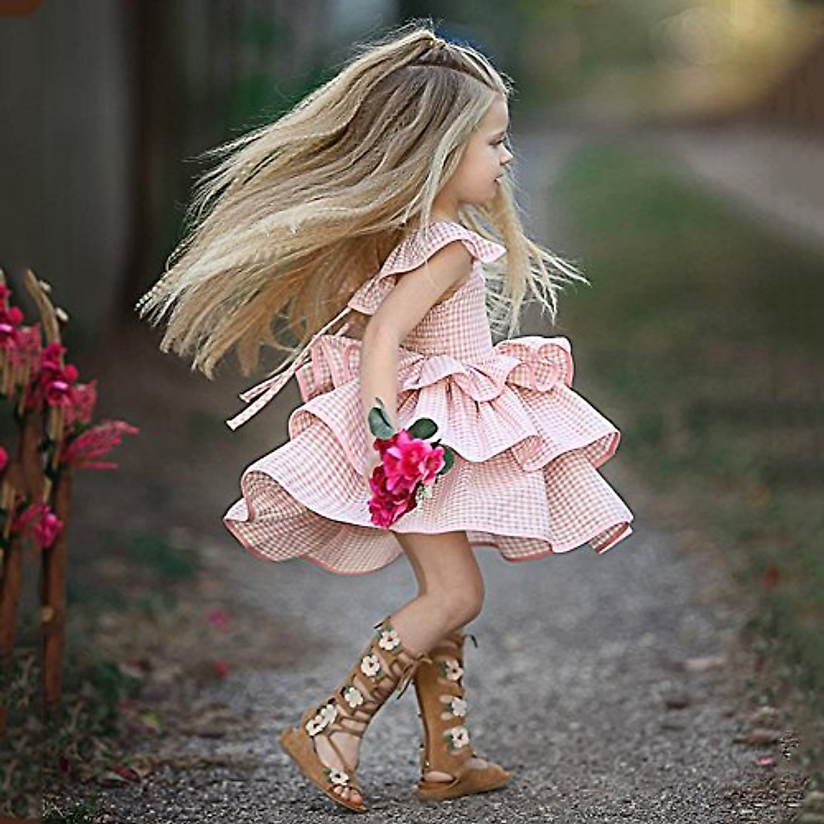 YOHA Baby Girls Ruffle Dress Baby Shower Dress Girls Birthday Festival Dress Easter Christmas Holiday Toddler Dress Pink Plaid,100