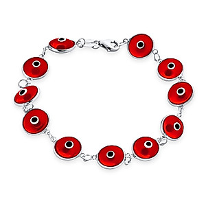 Protection Good Luck Amulet Turkish Translucent Red Glass Bead Evil Eye Bracelet For Women Teen .925 Sterling Silver 7.5 Inch