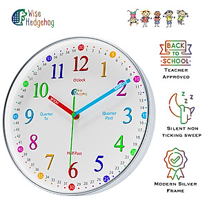 WISE HEDGEHOG Learning Clock for Kids, Silent Non Ticking, Telling Time Teaching Clock, Kids Room Wall Decor for Bedrooms, Analog Kids Clock for Teaching Time, Kids Learn to Tell Time Easily