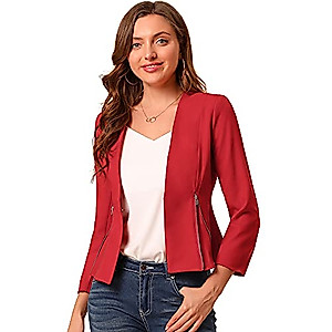 Allegra K Women's Work Office Open Front Zipper Collarless Cropped Blazer Large Red
