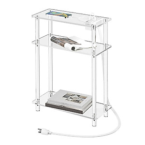 HMYHUM Acrylic Narrow Side Table with Charging Station, 7" Width, 3 Tier Small End Table for Small Spaces, Skinny Nightstand/Bedside Table with USB Ports & Outlet, Clear