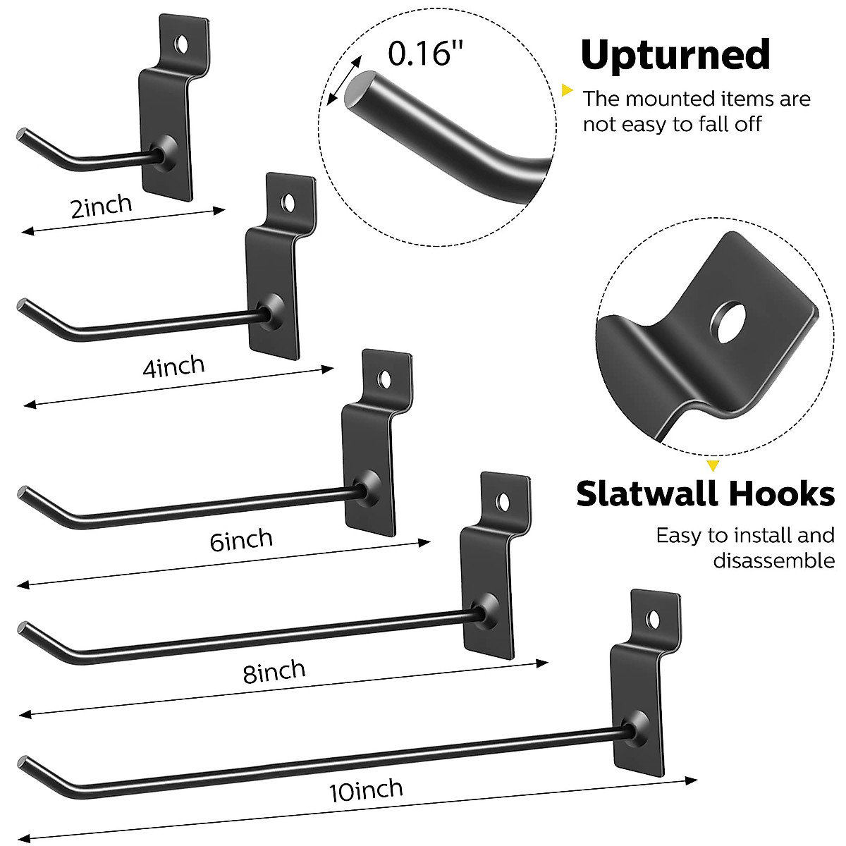 Moxweyeni 50 Packs Slatwall Hanging Hooks Display Hooks Slatwall Accessories 2", 4", 6", 8" and 10" Black Slatwall Hooks Hangers for Garage Shop Retail