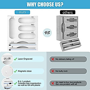 2 in 1 Ziplock Bag Storage and Tin Foil Organizer, Plastic Wrap Dispenser with Cutter for Kitchen Drawer, Bamboo Wood Food Organizer Gallon, Slider Quart, Sandwich Snack, White