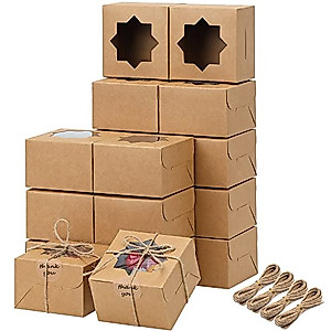 Moretoes 50pcs 4x4x2.5 Inches Brown Bakery Boxes with Window Cookie Boxes Kraft Paper Treat Boxes for Pastries, Small Cakes Box