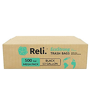 Reli. EcoStrong 13 Gallon Trash Bags | 500 Count Bulk | Black | Eco-Friendly | Made from Recycled Material