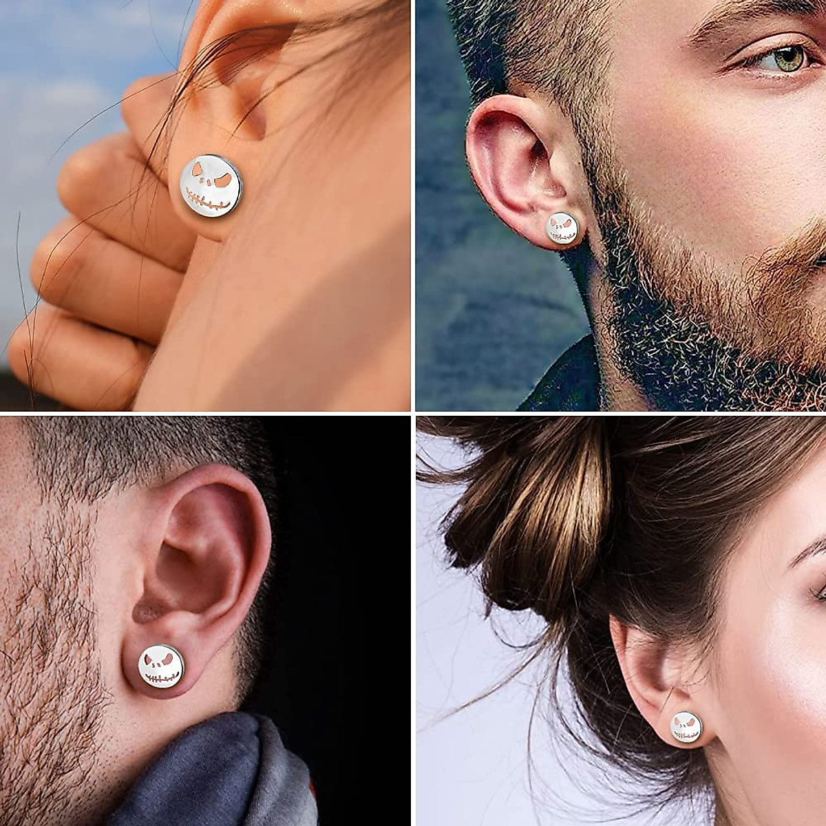 SIISPRI Stainless Steel Black/Silver Jack Skellington Cut-Out Round Circle Button Stud Post Earrings（10mm） (SilverER0026)