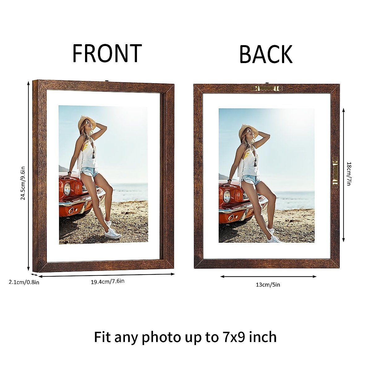 Trwcrt 5x7 Picture Frame Set of 4, Double Glass Floating Picture Frames Display up to 7 x 9 photos for Tabletop or Wall Hanging, Brown