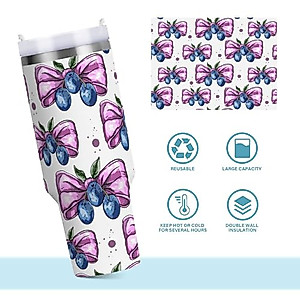 DIGTIA Stainless Steel Insulated Tumbler w/Handle & Straw, Bowknot Double Wall Vacuum Travel Coffee Mug Cup w/Lid, Leak-Proof Sports Blueberry Water Bottle,40oz