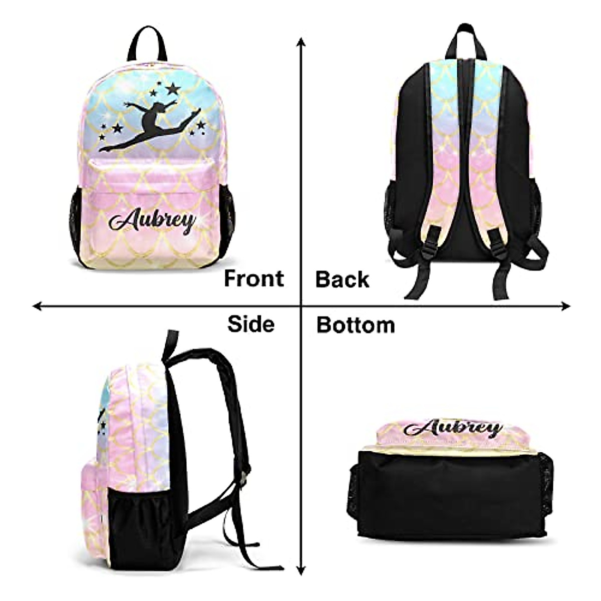 Gymnastic Scale Mermaid Personalized Backpack Set for Teen Boys Girls with Lunch Box & Pencil Pouch Bag Travel Backpack