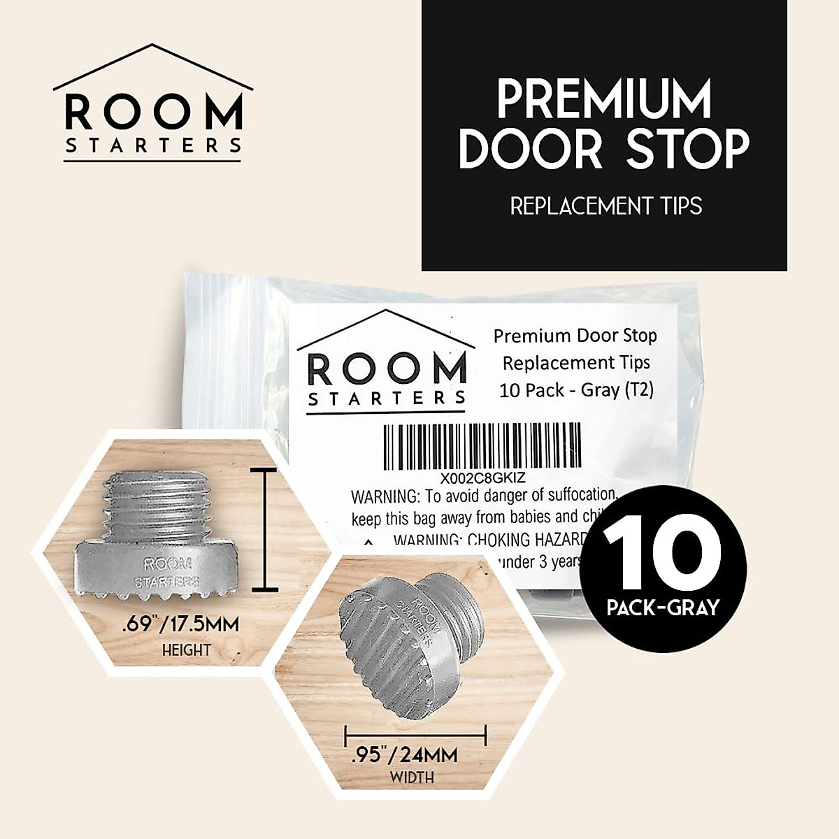 Kick Down Door Stop Ultra Grip Rubber Replacement Tip 10 Pack Threaded by ROOM STARTERS Style 2 (Gray, 10 Pack)