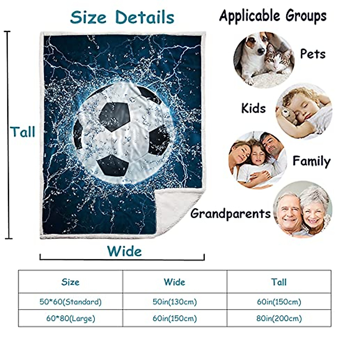 Zzkslife Soccer Blanket 3D Soft Plush Sherpa Throw Blanket Soccer Gifts Adult All Season Couch Bed Sofa Home Decor (Soccer,60"×80")