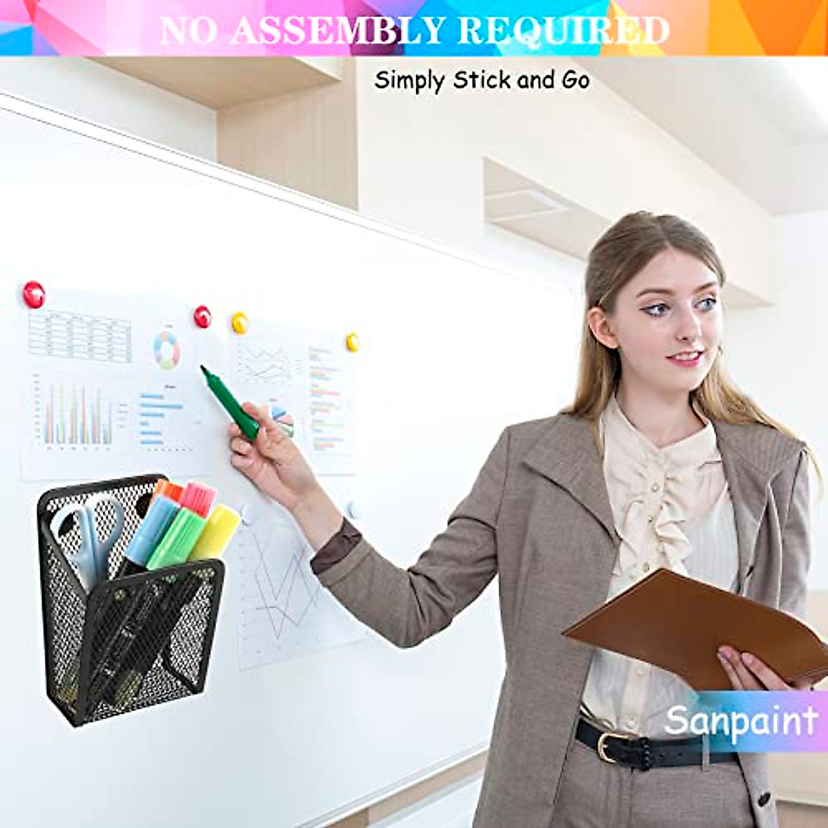 Sanpaint Magnetic Pencil Holder,Mesh Stainless Steel Pen Basket, Metal Writing Utensil Storage Organizer for Whiteboard,Blackboard,Kitchen, Locker, Home, or Office