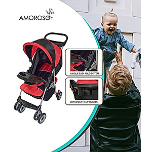 AmorosO Single Stroller - Baby Stroller with Four Wheels - Lightweight Stroller - Convertible Stroller with Extra Storage Space - Foldable Stroller with Sun Protection Hood Cover Red
