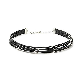 Aimimier Bohemia Layered Choker Necklace Black Leather Choker with Silver Beads Multilayer Collar Necklace for Women