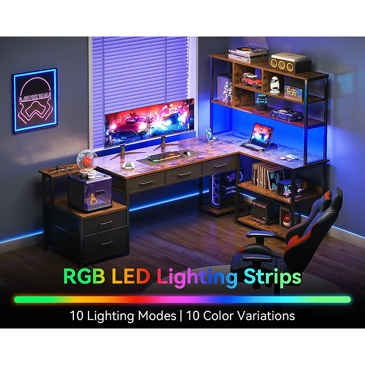 AODK 79 inch L Shaped Desk with File Drawers, Reversible L Shaped Gaming Desk with Power Outlets & LED Lights, Computer Desk with Storage Shelves for Home Office, Vintage